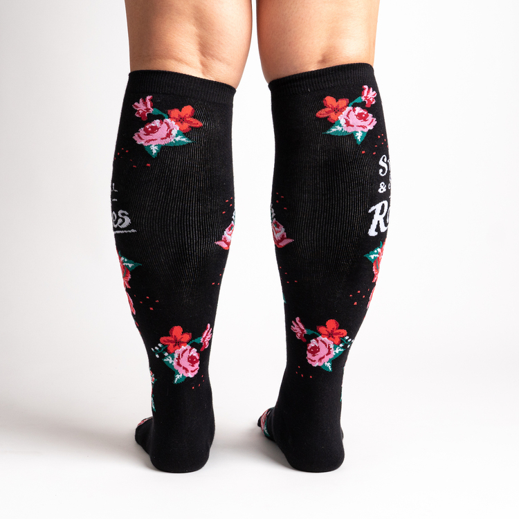 Smell the Roses | Floral Knee High Socks - Black | Women's - Sock It to Me