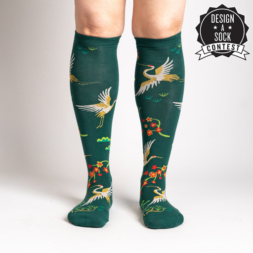 Flying Cranes | Bird Knee High Socks - Green | Women's - Sock It to Me