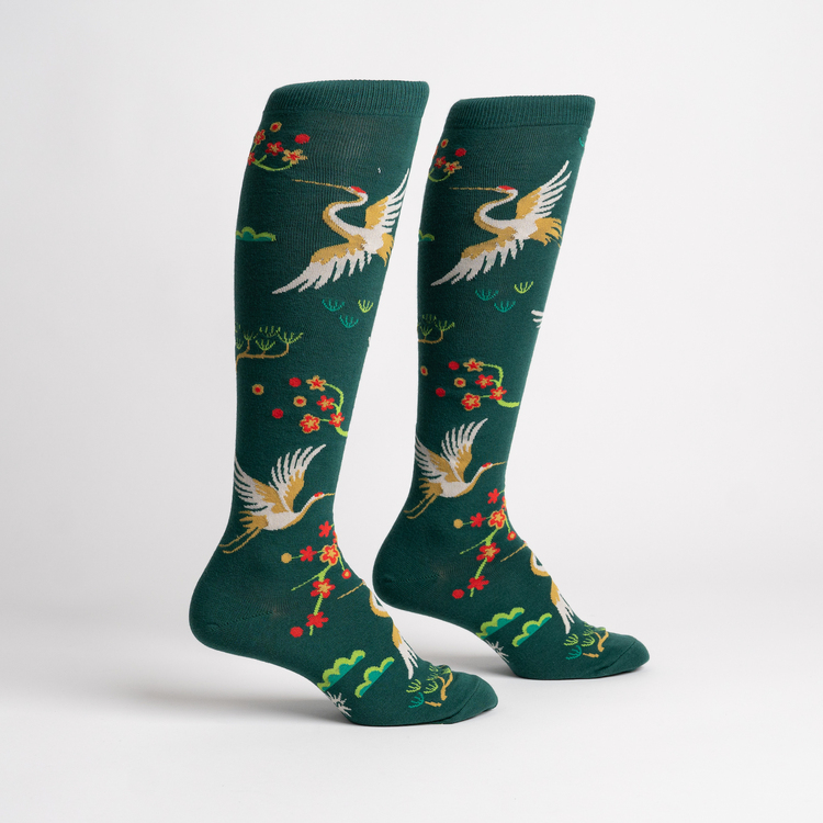 Flying Cranes | Bird Knee High Socks - Green | Women's - Sock It to Me